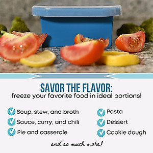 Sandunes 1 Cup Silicone Freezer Molds - Soup Cubes Perfect for Freezing Soup, Sauce, Rice, Leftovers and More - Silicone Freezer Trays with Lids for Meal Prep - Blue - 2-Pack