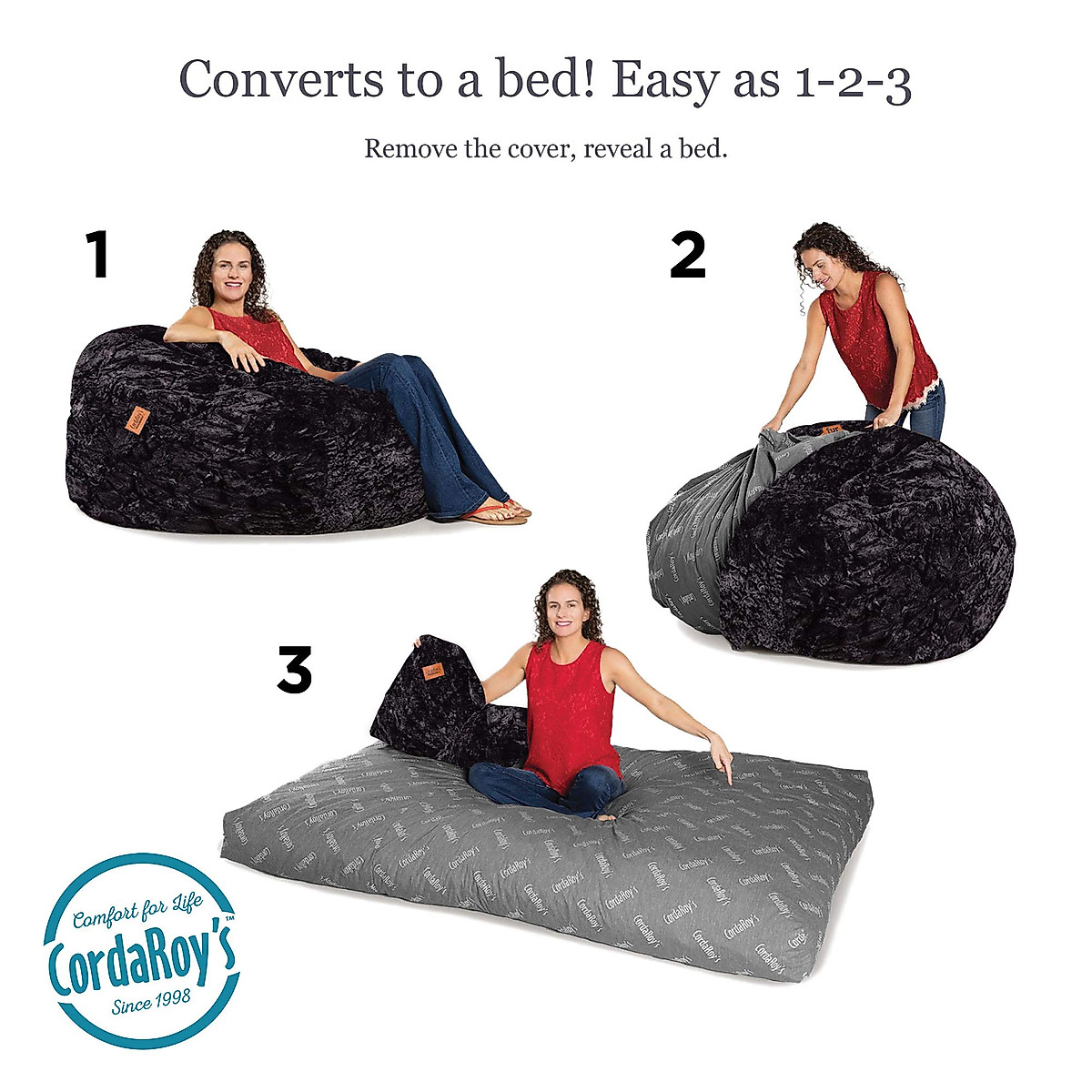 CordaRoy's Faux Fur Bean Bag Chair, Convertible Chair Folds from Bean Bag to Lounger, As Seen on Shark Tank, Black - King Size