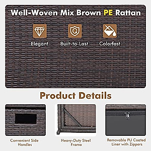 Tangkula 50 Gallon Wicker Deck Storage Box, Patio Rattan Storage Container with 2 Universal Wheels, Safety Pneumatic Rod, Zippered Liner, Sturdy Steel Frame, Ideal for Backyard, Poolside (Mix Brown)