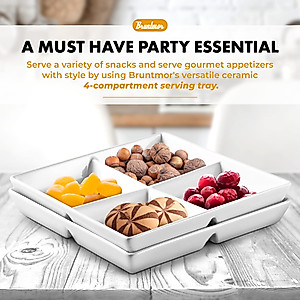 Bruntmor Christmas Snacks Dinner Serving Tray Dish in White |10 x 10 inch Set Of 2 Decorative Ceramic Appetizer 4 -Compartment Serving Platter Tray | Christmas Platter | Chafing Dish | Serving Dishes