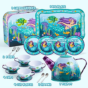 JOYIN 35Pcs Mermaid Tea Party Set for Little Girls, Pretend Tin Teapot Set, Princess Tea Time Play Kitchen Toy with Dessert, Doughnut, Carrying Case for Birthday Easter Gifts Kids Toddlers Age 3 4 5 6