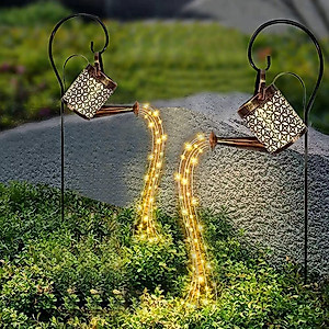 HUYIENO 2Pack Solar Garden Lights Outdoor Hanging Solar Lantern Watering Cans with Shepherd Hook for Patio Yard Lawn Decorations Warm LEDs