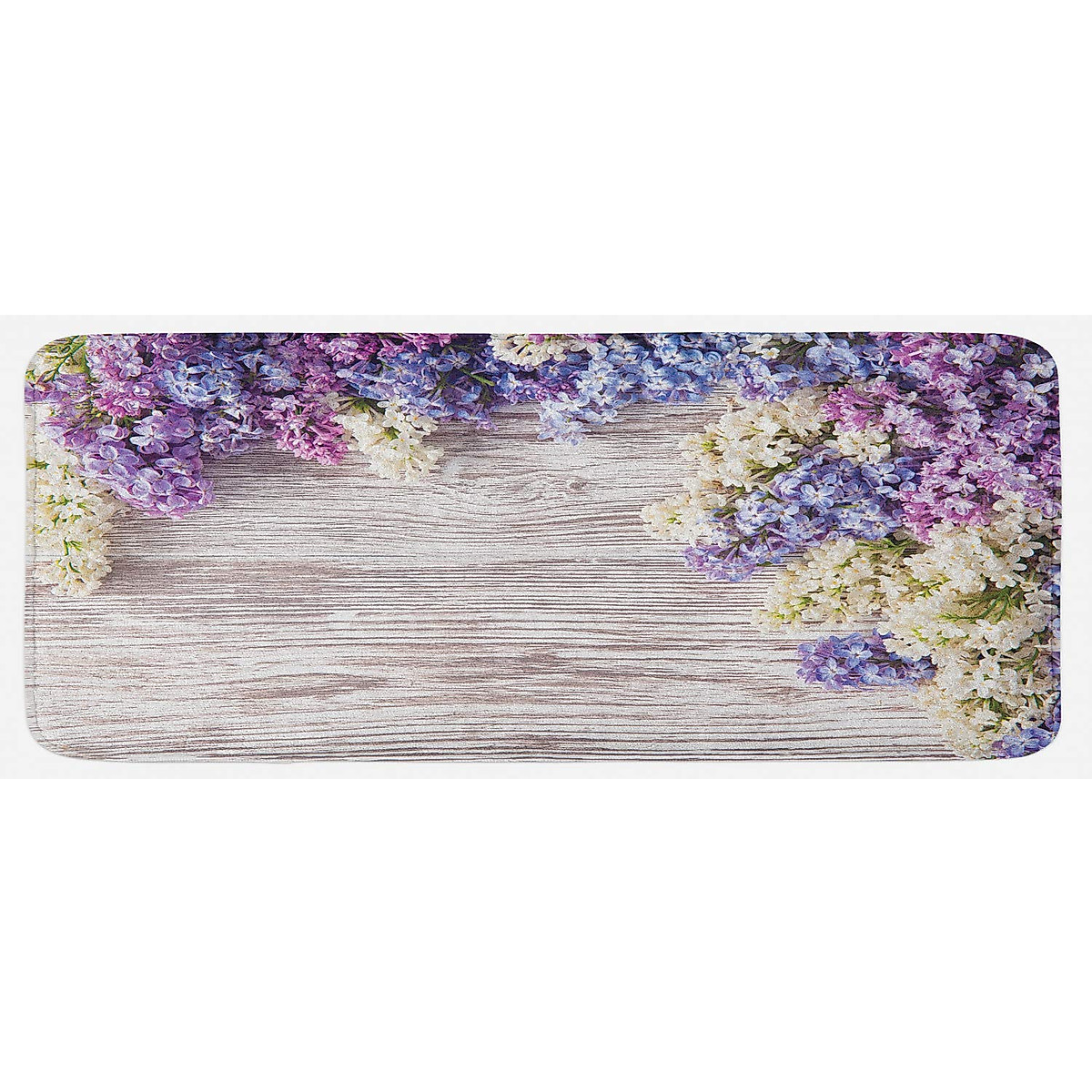 Ambesonne Rustic Kitchen Mat, Lilac Flowers Bouquet on Wood Table Spring Nature Romance Love Theme, Plush Decorative Kitchen Mat with Non Slip Backing, 47" X 19", Lilac Violet