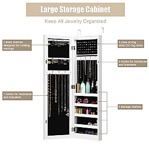 Giantex 12 LEDs Jewelry Armoire Wall Door Mounted, Jewelry Cabinet Organizer with Full-length Mirror, Ring Earring Slots Necklace Hooks and 5 Storage Shelves, Large Storage Capacity
