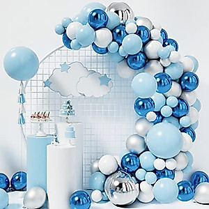 RUBFAC 147pcs Blue Balloon Garland Arch Kit Metallic Pastel Blue White Latex Balloons and 4D Silver Balloons Set for Baby Shower Wedding Birthday Party Background Decorations