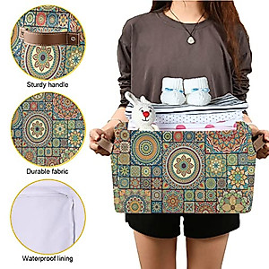 ZOEO Large Storage Basket, Boho Mandala Kitchen Blue Brown Patchwork Flower Oriental Foldable Storages Box Organizer Bins with Leather Handles for Shelves Closet Bedroom, Theme Party