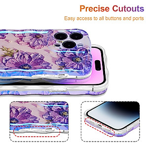 EYZUTAK Case for iPhone 13 Pro Max, Colorful Retro Oil Painting Printed Flower Laser Glossy Pattern Cute Curly Wave Edge Exquisite Phone Cover Stylish Durable TPU Protective Case for Girl Women-Purple