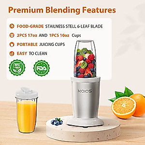 KOIOS PRO 850W Bullet Personal Blender for Shakes and Smoothies, Protein Drinks, 11 Pieces Set Blender for Kitchen Baby Food with Ultra Smooth 6-Edge Blade, Coffee Grinder for Beans, Nuts, Spices, 2x17 Oz + 10 Oz Large & Small To-Go Cups, 2 Spout Drinking