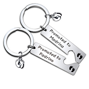 BEKECH New Padrino Madrina Proposal Gift Promoted to Padrino/Madrina Baby Footprint Charm Keychain Set Pregnancy Announcement Gift for New Godparents (keychain set)