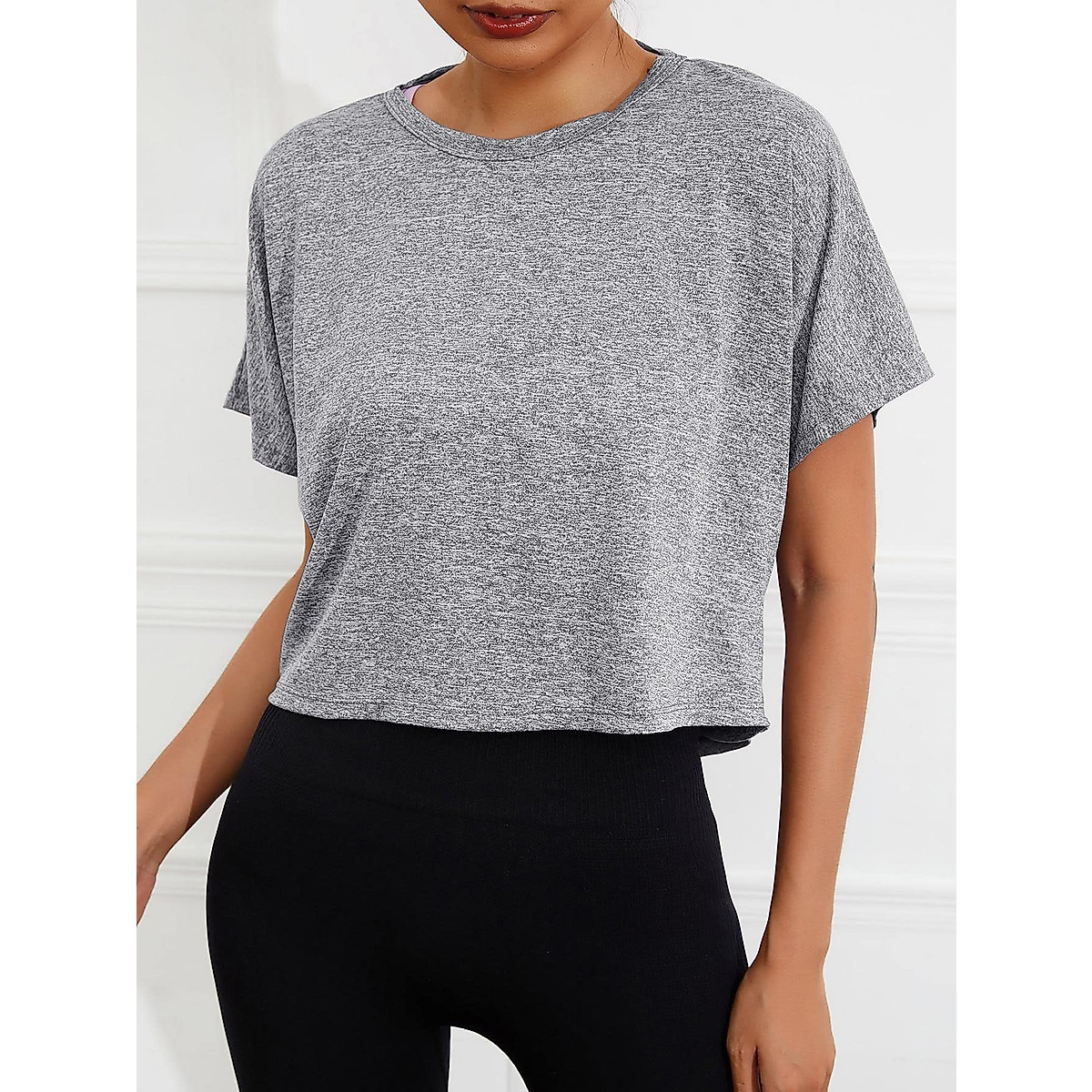 COZYEASE Women's Backless Short Sleeve Sports Tee Round Neck Solid Casual Yoga Workout Tee Tops Grey M-CEZWJ1215 -CEHYN20240923