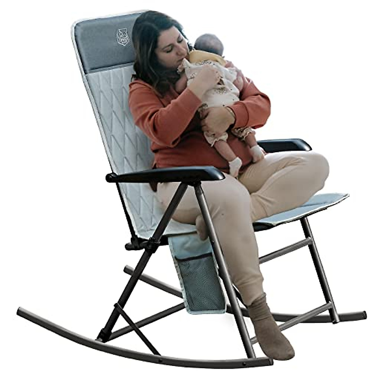 TIMBER RIDGE Padded High Back Folding Rocker Side Pocket Portable Rocking Lawn Chair Foldable for Camping Patio Garden, Supports 300 LBS, Grey