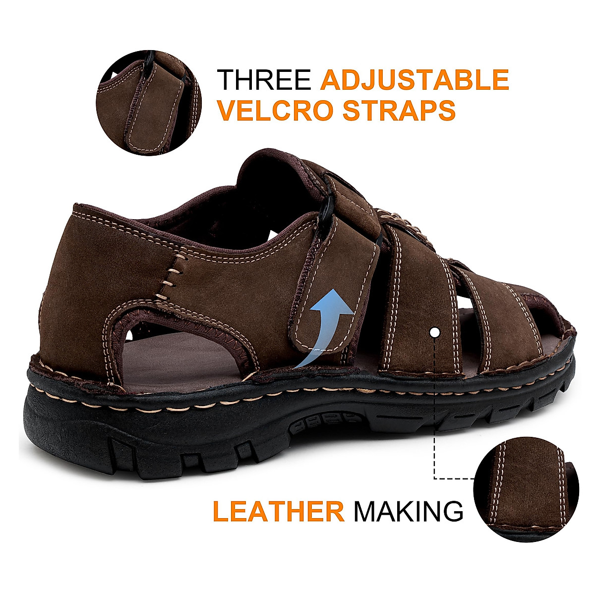 Jousen Men's Sandals Leather Closed Toe Sandal Outdoor Water Sport Beach Sandal Hiking (AMY663 Dark Brown 11)