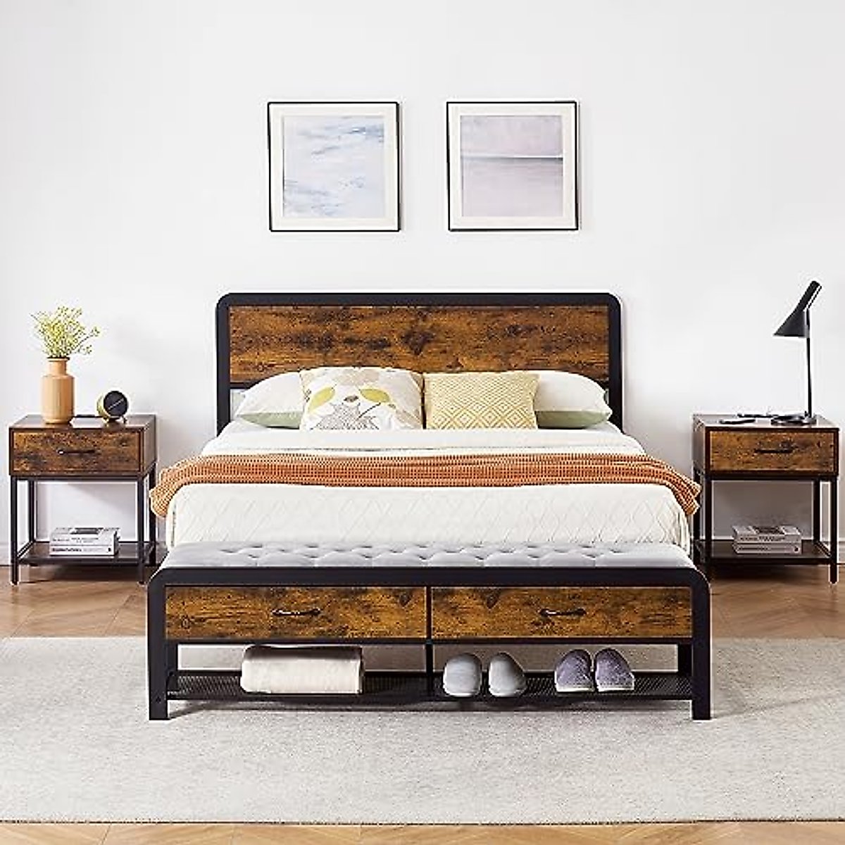 GAOMON Queen Bed Frame with Headboard and 2 Drawers, Metal Platform Bed Frame Queen Size with Storage Drawer, No Box Spring Needed, Noise Free, Rustic Brown