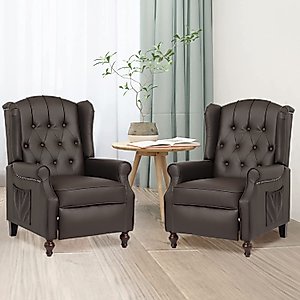 OBBOLLY Wingback Recliner Chair with Heat and Massage - Upholstered Push Back Chairs PU Leather Vibration Massage Recliner Chair, Accent Single Sofa for Living Room (Brown, Set of 2)
