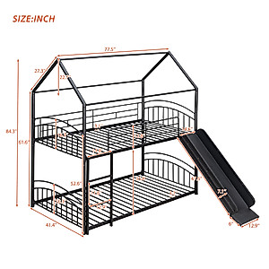 House Bunk Bed with Slide, Twin Over Twin Metal Bunk Bed with Roof and Security Guardrail, Floor Bunk Bed for Kids Teens Boys & Girls, Convertible Design (Black)