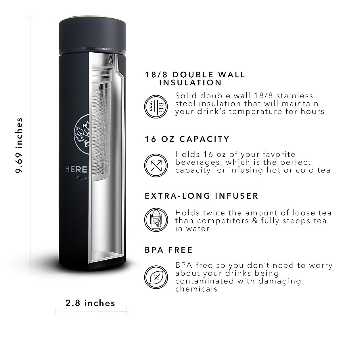 Here & Now Tea Infuser Bottle | Water Bottle With Tea Infuser Set | Stainless Steel Tea Infuser Travel Mug | Double Walled Tea Bottle | Loose Leaf Tea Infusers | Tea Bottle With Infusers (Zen Black)