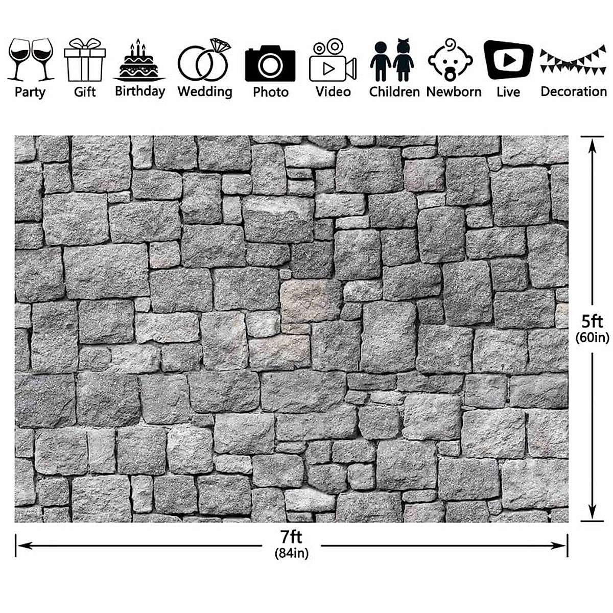 ZTHMOE 7x5ft Polyester Rustic Gray Rock Wall Photography Backdrop Stone Brick Wall Background Vintage Grunge Wall Party Decorations Photo Banner Booth Props with Four Holes Easy to Hang