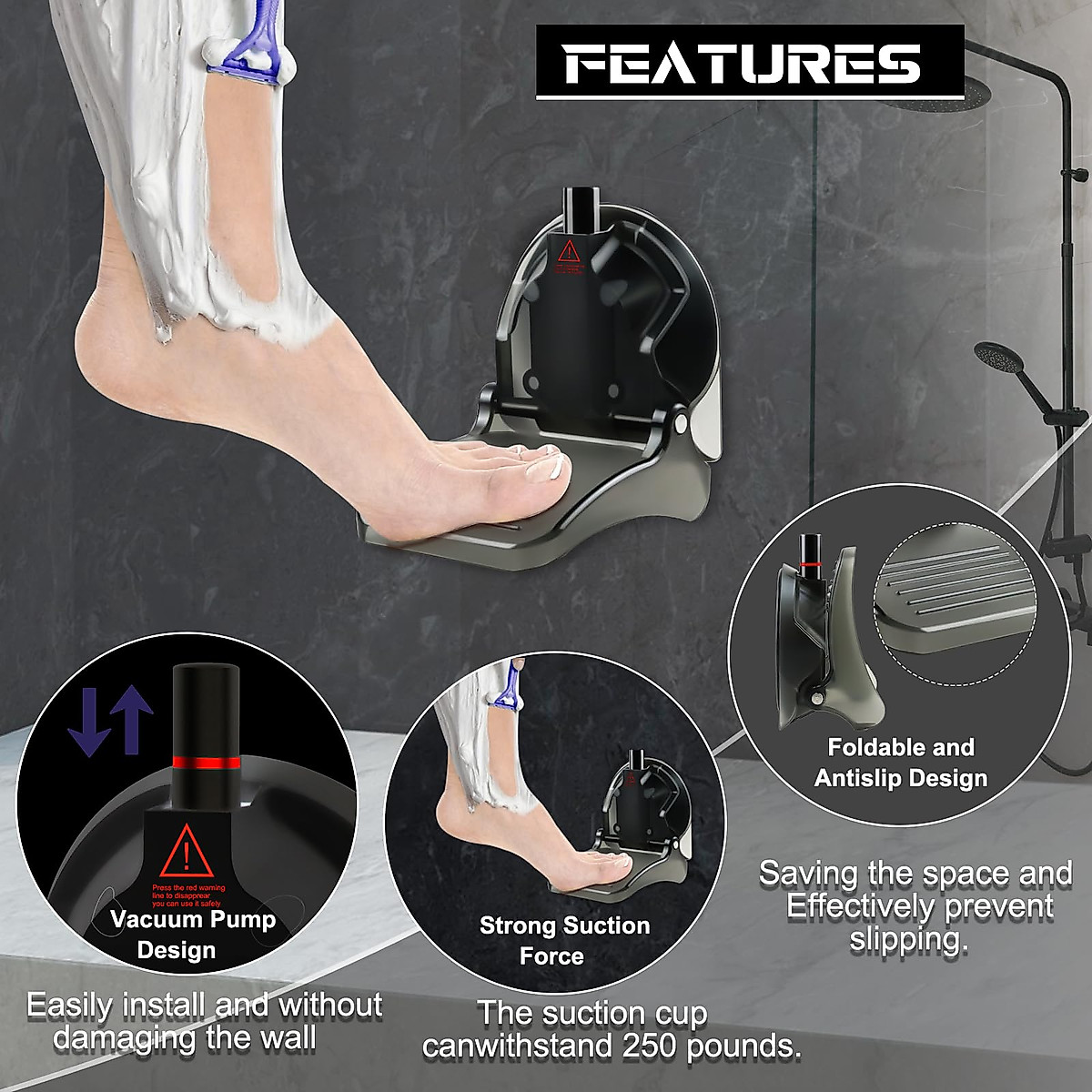 Shower Foot Rest for Shaving Legs, Foldable Shower Step with Powerful Suction Cup,Anti-Slip Shower Pedal with No Drilling Suction Cup,Black Shower Stand for for Pregnant Woman & Back Pain Sufferers