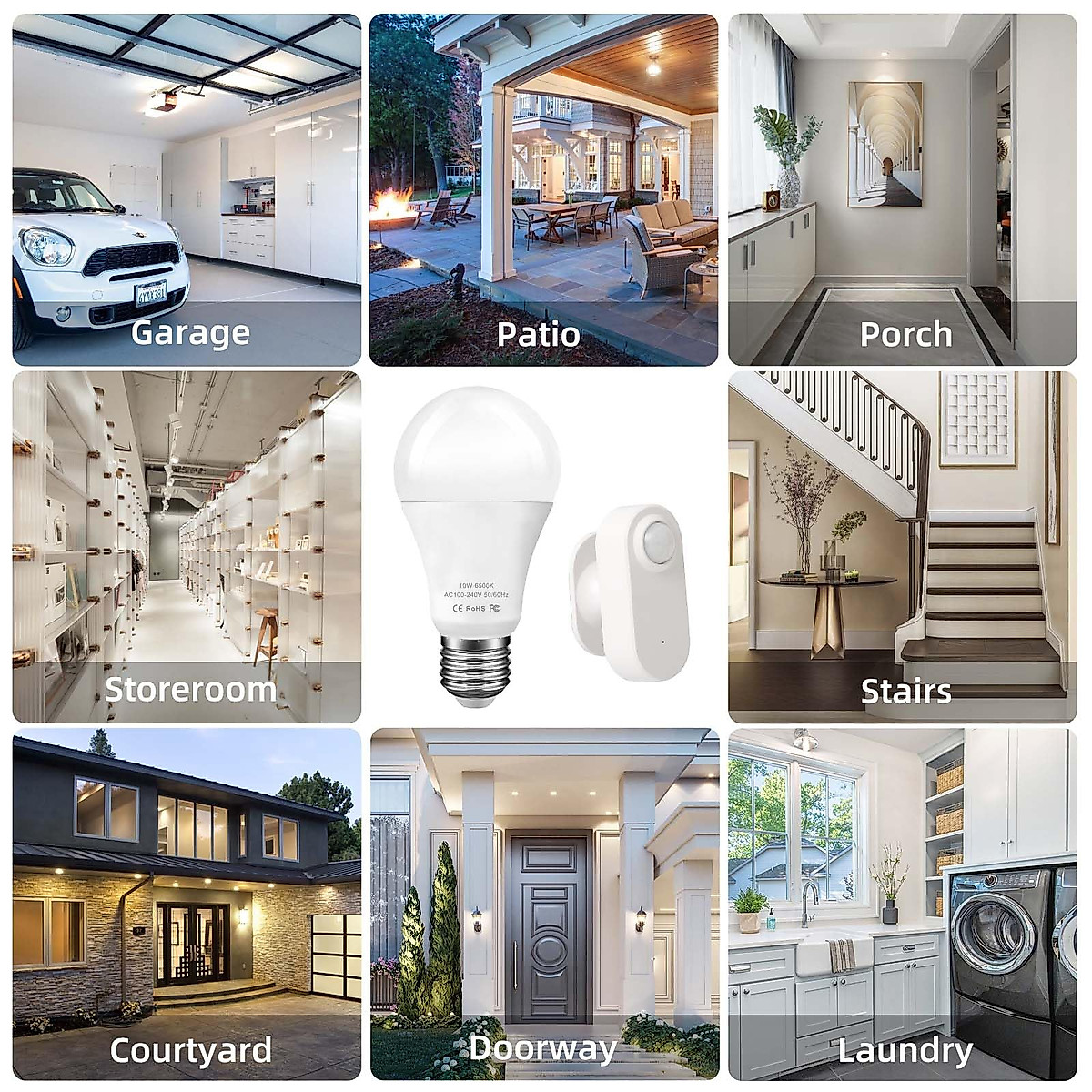 Motion Sensor Light Bulbs for Outdoor/Indoor, 10W Motion Detector LED Bulb, 120W Equivalent, A19 E26 6500K Daylight, Auto Activated Dusk to Dawn Security Lights for Basement Garage Stairs Patio