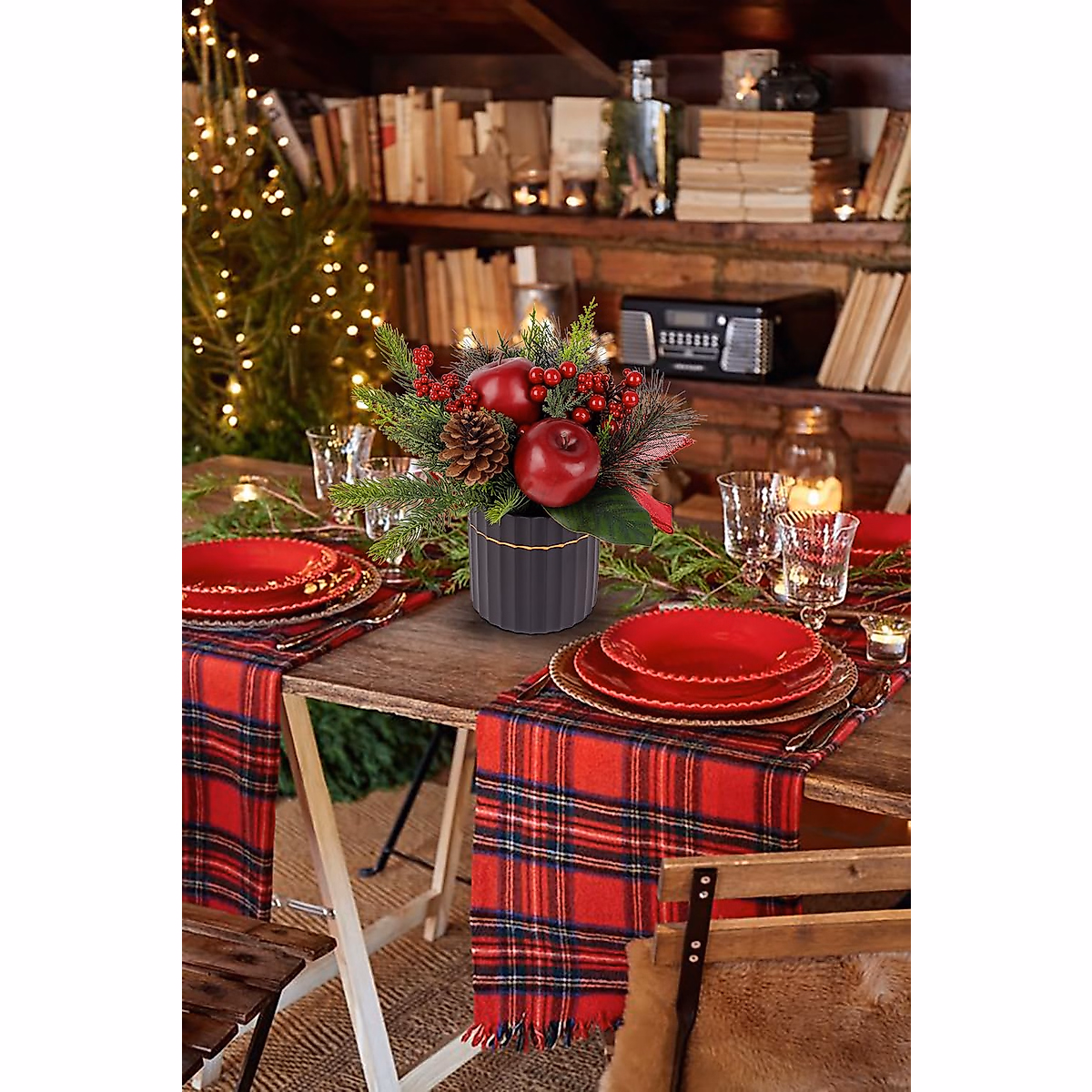 Mini Christmas Tree, Artificial Potted Christmas Tree with Apples Pine Cones Berries Ribbon Tabletop Small Christmas Floral Arrangements in Pot Xmas Centerpieces for Tables Desk Mantle Decor-10.2''