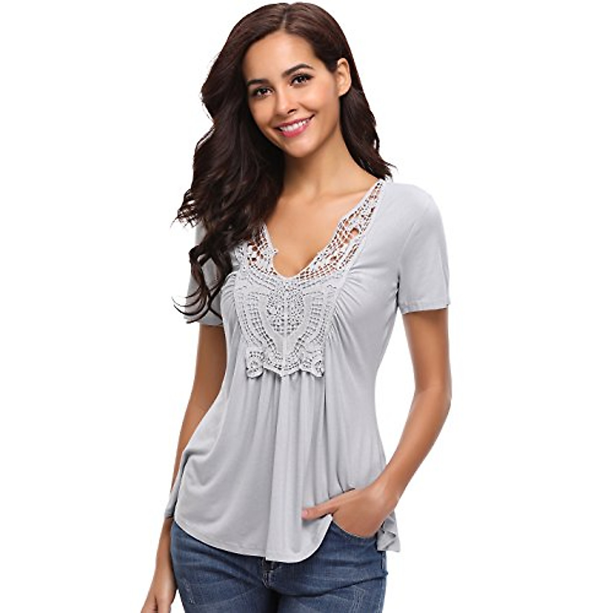 MISS MOLY Peasant Tops for Women Deep V-Neck Lace Ruched Front Ruffle Long Sleeve Blouse Pleated Shirts, Gray, Large