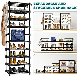 Raybee 9 Tier Shoe Rack for Entryway 35 Pairs, Stackable Metal Shoe Rack for Closet, Sturdy Shoe Organizer for Entryway Closet, Shoe Shelf Closet Shelf Organizer with 4 Hooks, 55.6"x34.6"x12.2"