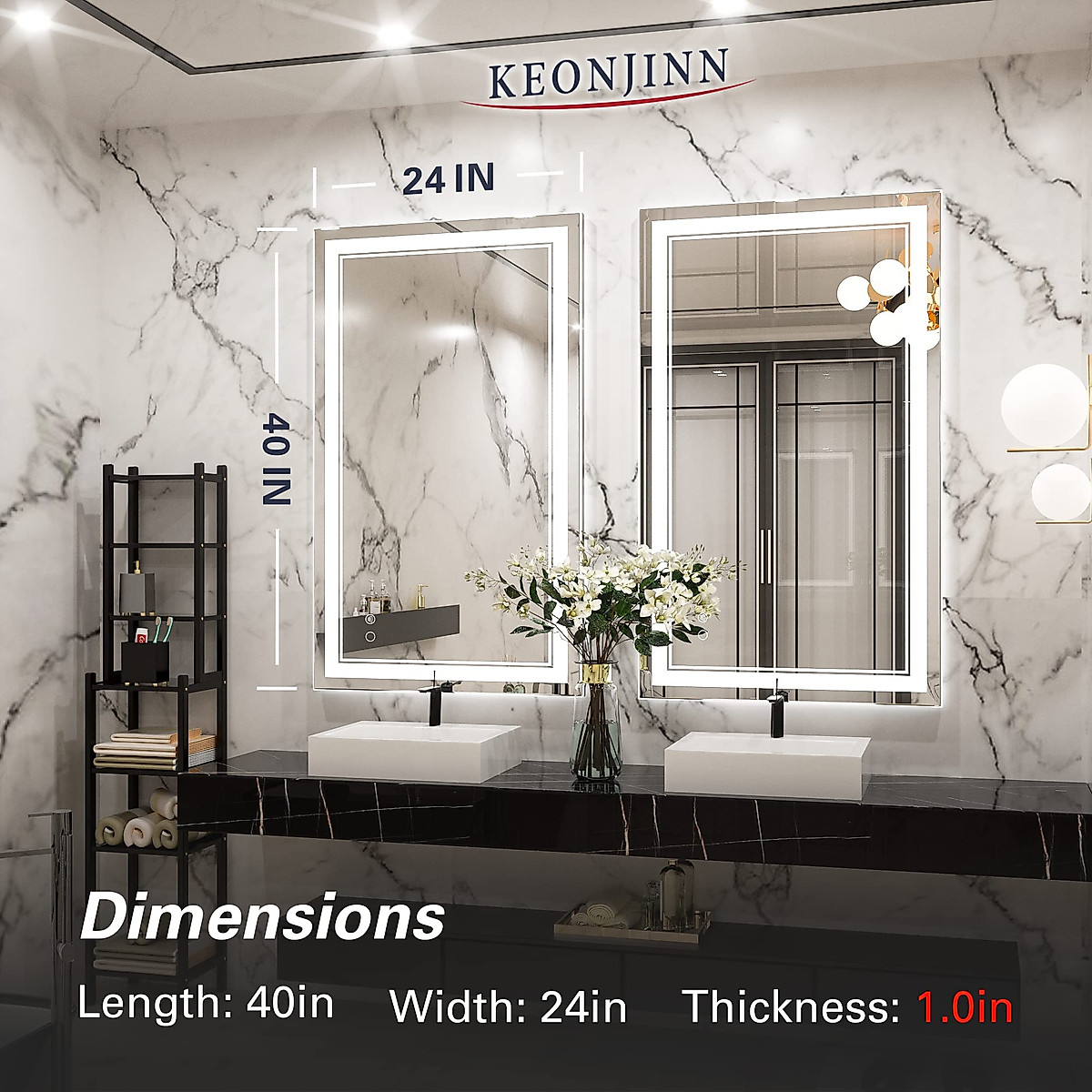 Keonjinn LED Bathroom Mirror with Lights, 40 x 24 Inch Front Lighted Vanity Mirror, Wall Mounted Anti-Fog Memory Brightness Dimmable Makeup IP54, Shatterproof (Horizontal/Vertical)
