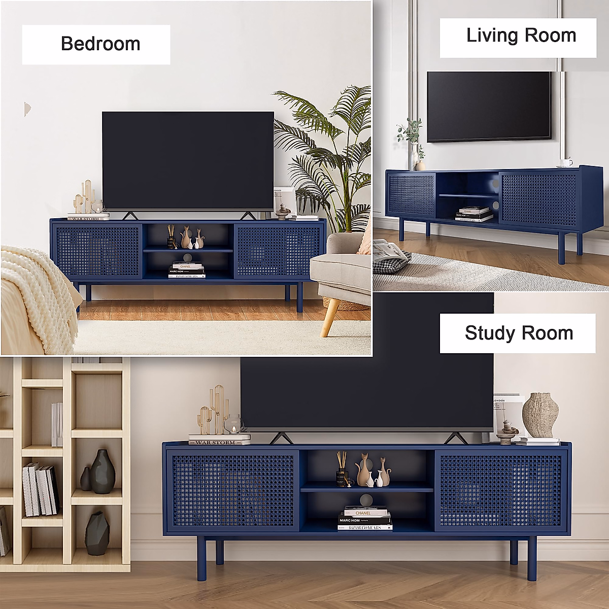 ORRD TV Stand for TVs Up to 70 Inch, Accent Iron Rattan Storage Cabinet Television Stands Entertainment Media Center Console Table with Sliding Barn Door and Adjustable Shelves for Living Room