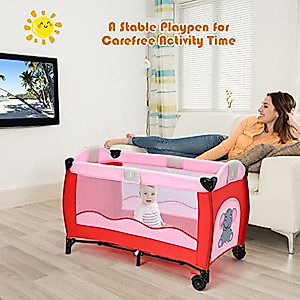 BABY JOY 4 in 1 Pack and Play, Portable Baby Playard with Bassinet, Changing Table w/Safety Belt, Zippered Door, Hanging Toys, Baby Pink Bassinet & Cribs Activity Center from Newborn to Toddler (Pink)