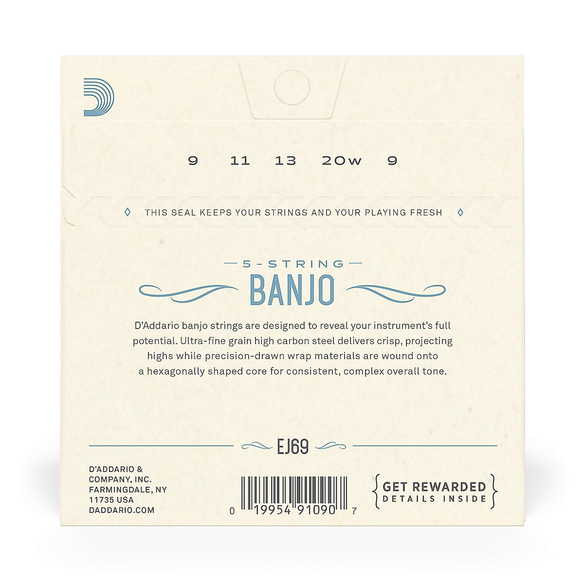 D'Addario EJ69 Phosphor Bronze 5-String Banjo Strings, Light, 9-20