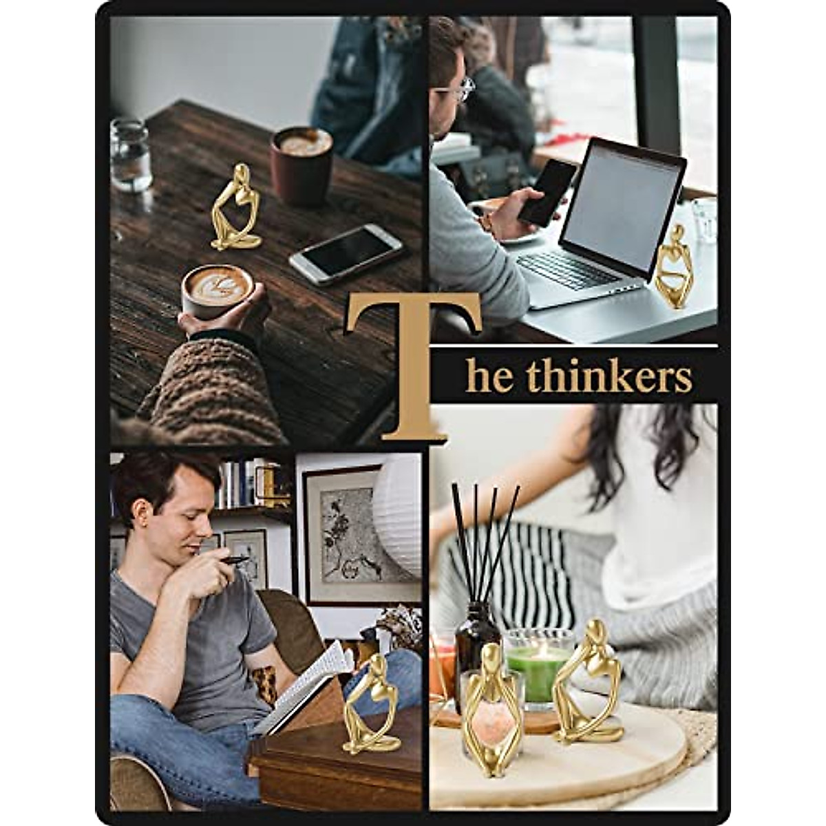 Bwytbwy Thinker Statue Gold Decor 3 Pcs, Bookshelf Decor, Gold Resin Sculpture for Book Shelf, Office, Living Room,Shelf Decoration