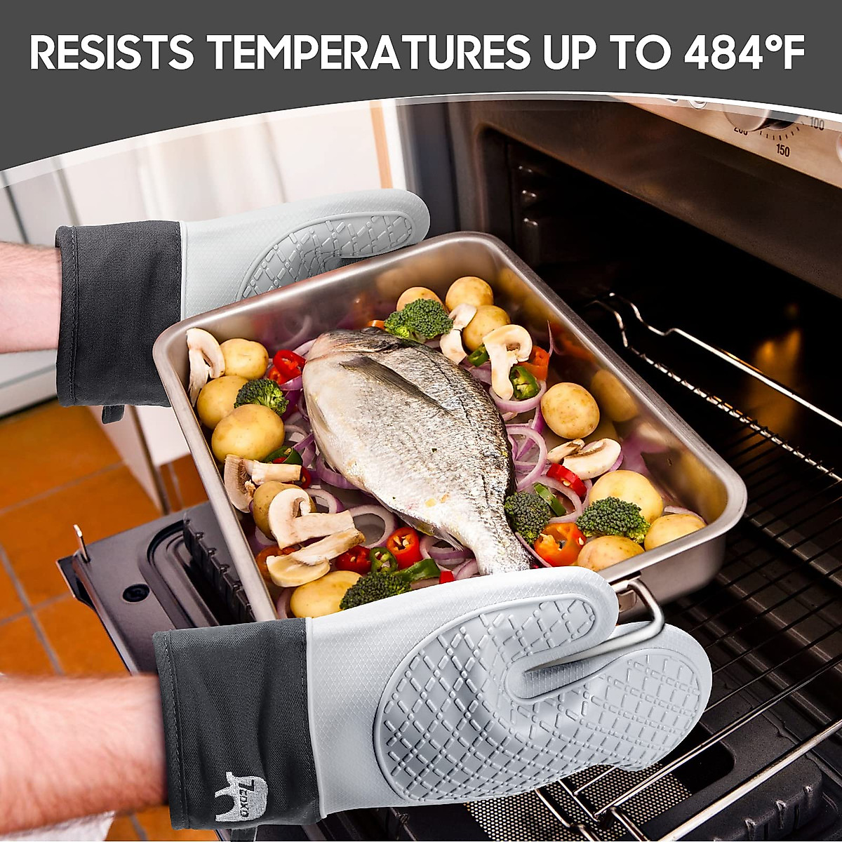 Oven Mitts, Heat Resistant Silicone Oven Mitt with Soft Cotton Lining 2 Pack Oven Mitts and Pot Holders Sets Perfect for BBQ, Baking and Cooking