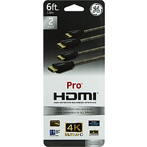 GE HDMI Cable, 2 Pack, 6 Feet, Full HD 1080p 4K 60Hz, HDMI 2.0, 18 Gbps, with Ethernet, HDR, for Smart TV, PS4, PS5, Xbox X, Blu-ray, Streaming, 33519