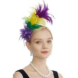 LyMet Women's 1920s Feather Fascinator Headband, Tea Party Flower Headpiece Derby Hat for Cocktail Gatsby Wedding (Purple Yellow Green)