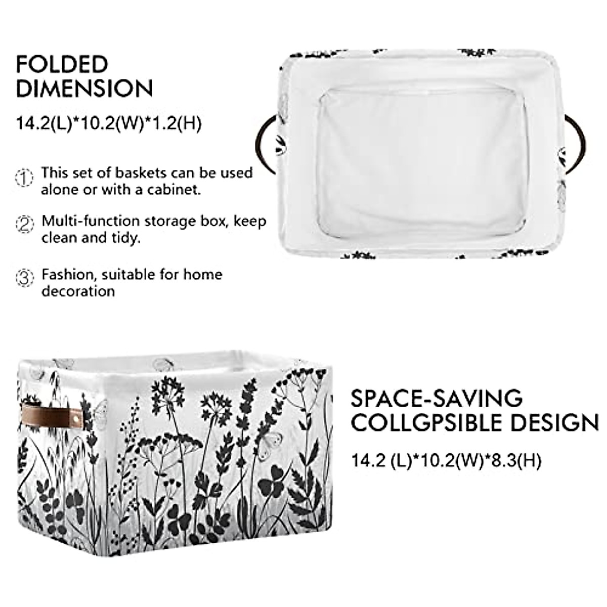 susiyo Black White Wildflowers Floral Storage Bins, 14 x 10 inch Canvas Storage Basket for Shelves Closet Organizing - 1 Piece