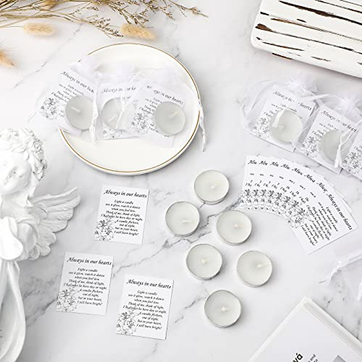 Coume 50 Set Funeral Favors Memorial Tealight Candles Unscented White Candles Funeral Gift Candles with Condolence Bereavement Cards and Organza Bags for Guest Furneral Party (Minimalist)