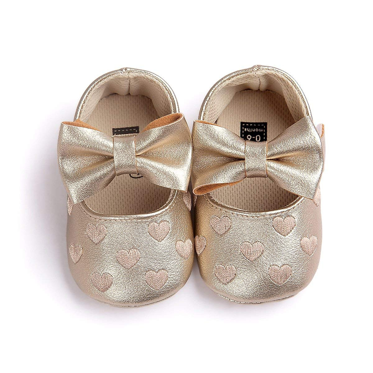 RVROVIC Baby Girls Shoes Soft Sole Mary Jane Flats Princess Dresses Shoes PU Cute Bow Crib Shoes Prewalker (6-12 Months Infant, Heart-Gold)