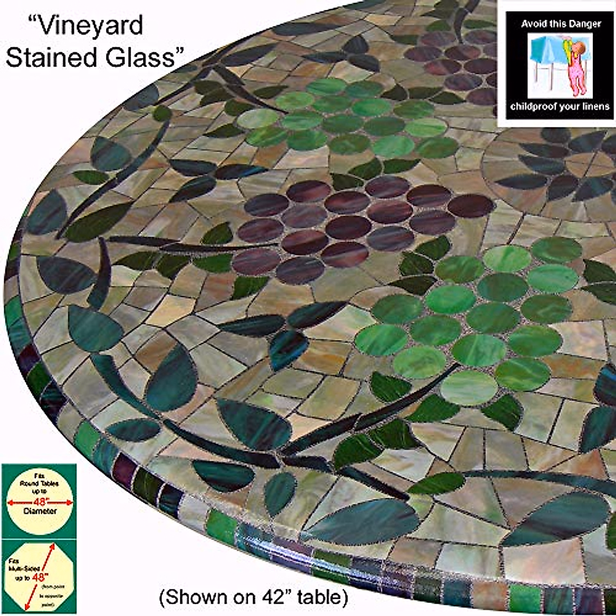 Mosaic Table Cloth Round 36 Inch To 48 Inch Elastic Edge Fitted Vinyl Table Cover Vineyard Stained Glass Pattern Brown Purple Green
