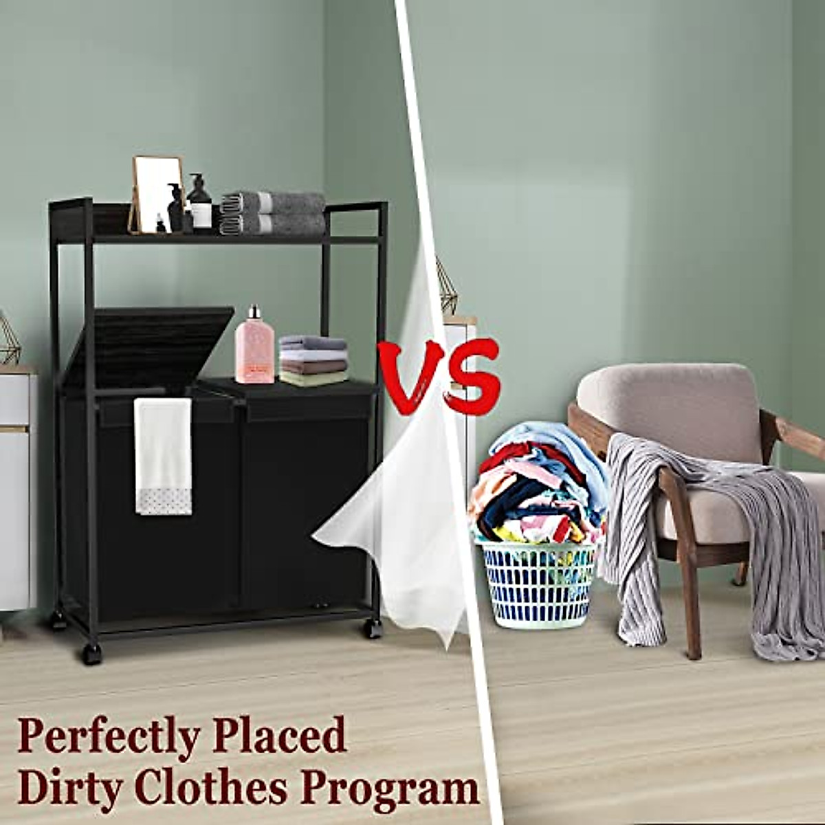 PAKLORDE Laundry Hamper with Lid,Wheels Laundry Basket Sorter 2 x 14 Gal (112L),Top Shelf,600D Oxford Sorter Bag Metal Frame Industrial for Bathroom Dorm Living Room Bedroom (Black Oak)