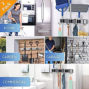 2 Pack Mop Broom Holder Wall Mount, Broom Organizer Mop and Broom Storage Tool Racks Stainless Steel Self Adhesive Wall Hanger for Home Kitchen Garden Laundry Garage by ZONGOOL (3 Racks 4 Hooks)