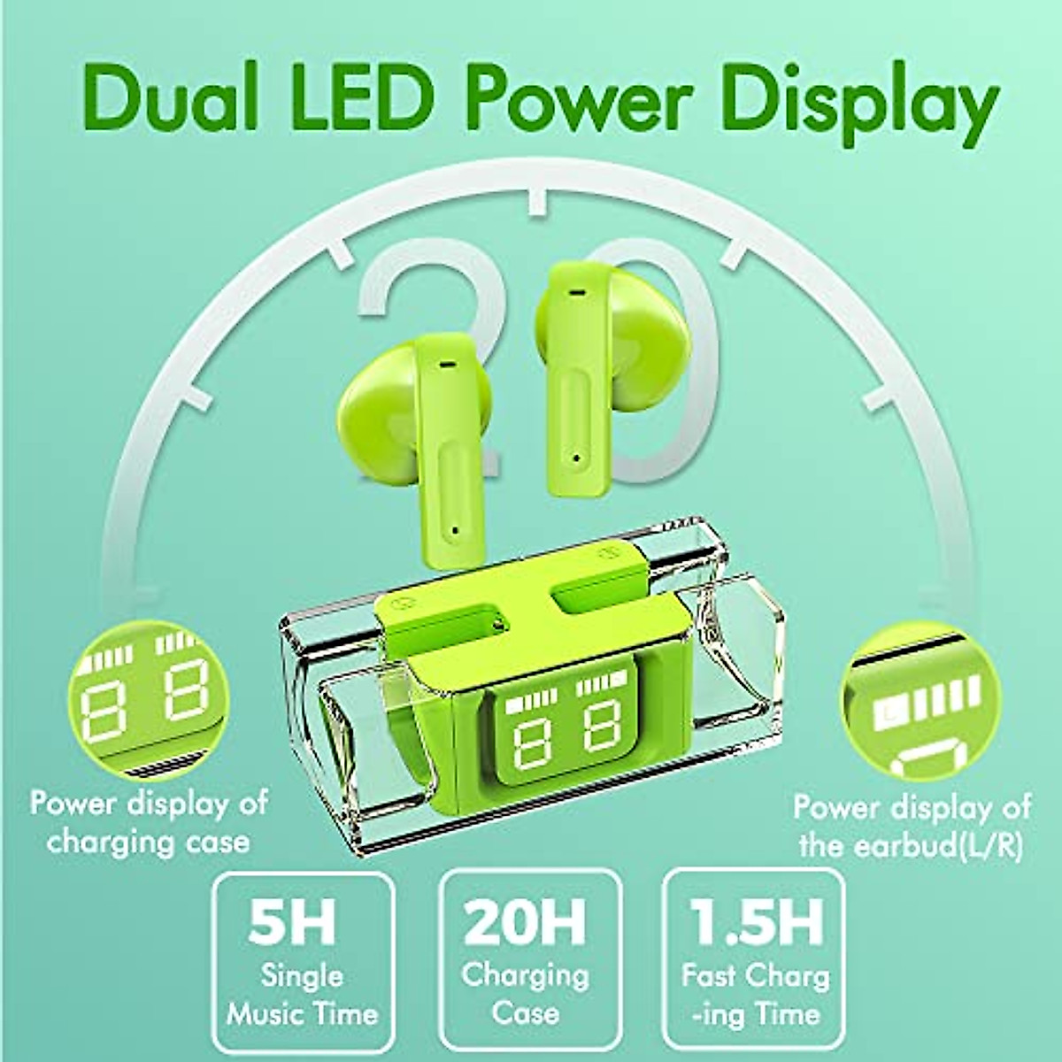 VcanFit Wireless Earbud, Bluetooth 5.3 Headphones with CVC8.0 HD Mics Call Noise Cancelling Wireless Headphones with LED Display, Earphones IP7 Waterproof Sports, 20H Playtime USB C Ear Buds for Gym