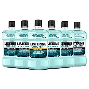 Listerine Mouthwash, Zero Alcohol, Germ Killing, Less Intense Formula, Bad Breath Treatment, Alcohol Free Mouth Wash for Adults; Cool Mint Flavor, 500 mL (Pack of 6)
