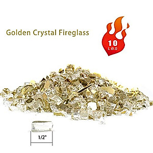 Golden Crystal Fire Glass, 10 Pounds of ½ in. Premium Tempered Fire Pit Glass, Reflective Fireglass for Fire Pit, Fire Table, Fireplace Natural Gas and Propane, Fire Glass Pellets Rocks High Luster