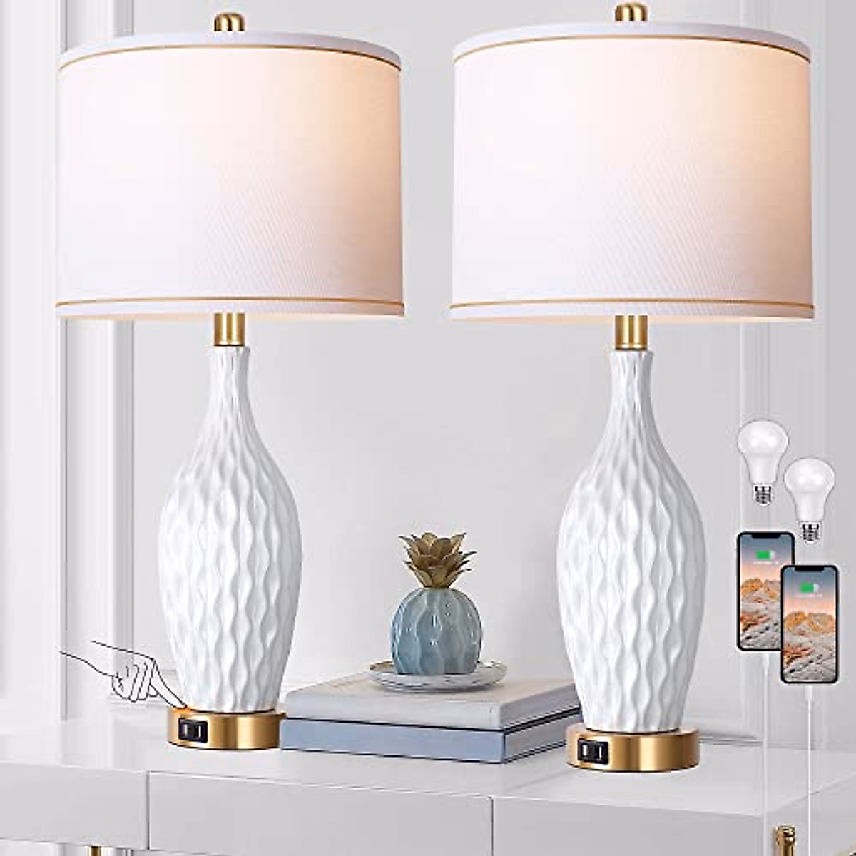 Vpazg White Table Lamp Set of 2, 3-Way Dimmable Touch Control Gold Bedside Lamps with USB Ports, 27inch Modern Ceramic Nightstand Lamp for Bedroom Living Room, Linen Shade (LED Bulb Included)