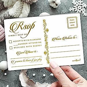 PARTH iMPEX RSVP Postcards for Wedding - (Pack of 50) Gold Foil Stamping with Mailing Side 4"x6" Response Cards All Occasion Mailable - White