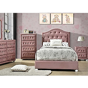 Acme Furniture Upholstered Full Bed with Wood Legs and Tufted Headboard, 81" x 57" x 46"H, Pink Fabric