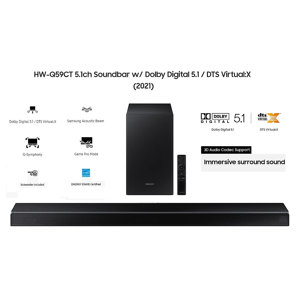 Samsung HW-Q59CT 5.1-Ch Dolby Digital 5.1 / DTS Virtual:X Soundbar with Acoustic Beam