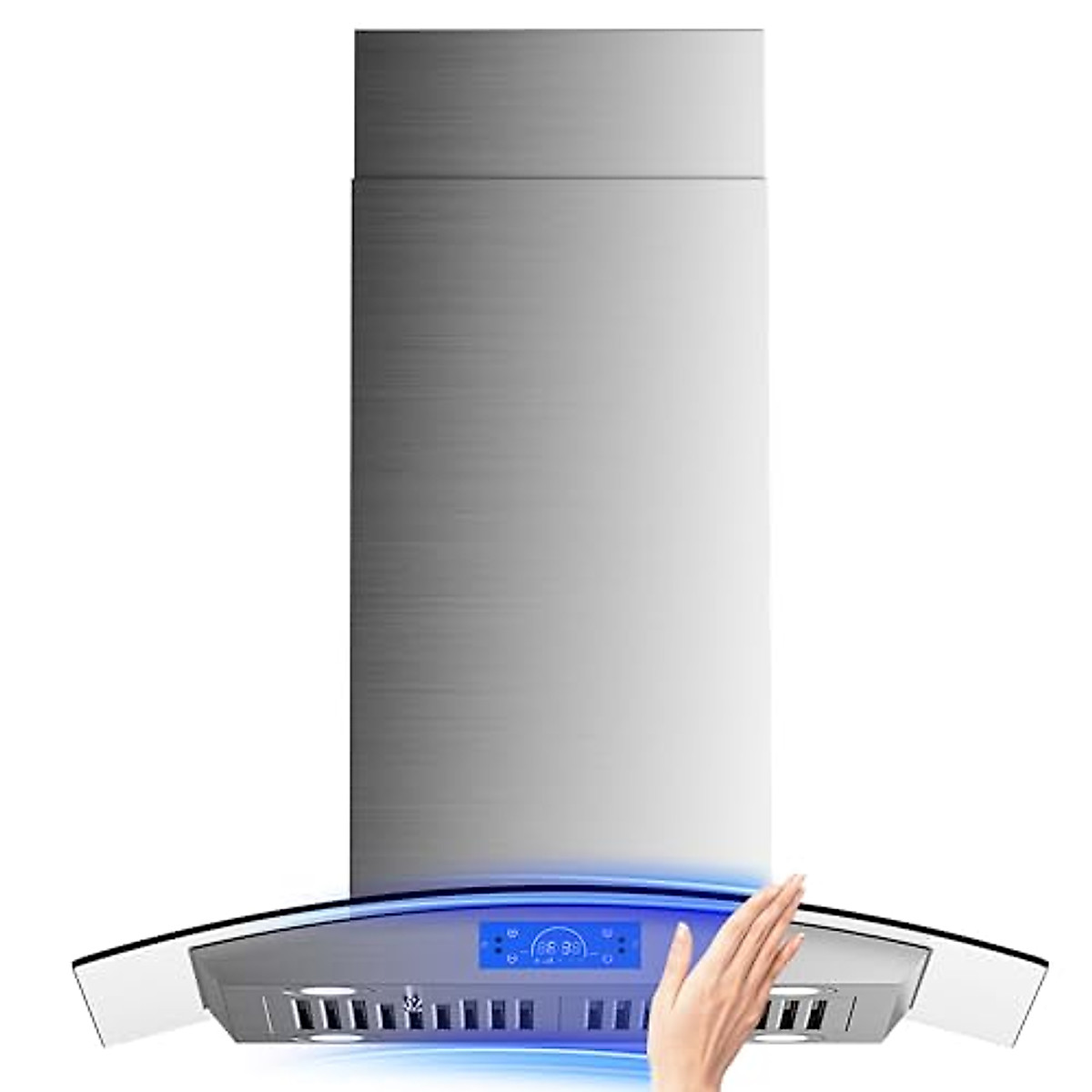 FIREGAS Island Range Hood 30 inch 700 CFM with Chimney, Ceiling Mount Kitchen Vent Hood with Tempered Glass, 4 LED Lights, Permanent Filters, Premium Touch Control Panel, Includes Charcoal Filter