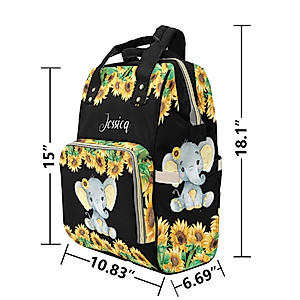 Personalized Yellow Sunflower Elephant Diaper Bags Backpack Custom Name Daypack Large Mommy Bag for Teen Girl Boy Student