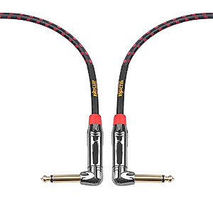 Clef Audio Labs Guitar Patch Cable, 6 inch - 1/4 inch TS Right Angled Guitar Pedal Effects Instrument Cord, 22AWG, Chrome Zinc Alloy Shell, Red Braided Jacket - 6-Pack